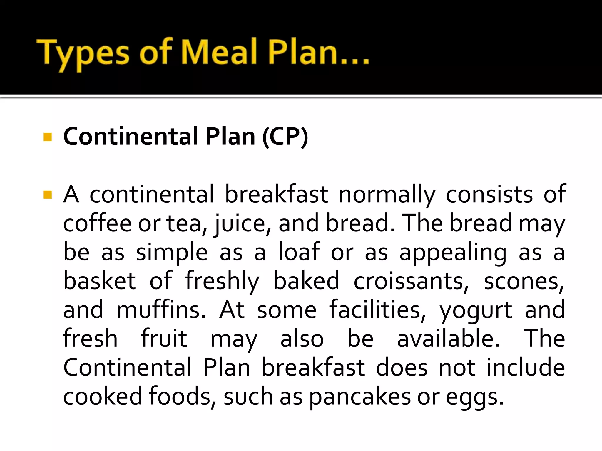 Types of Restaurant, Hotel tariff and Meal plan | PPTX