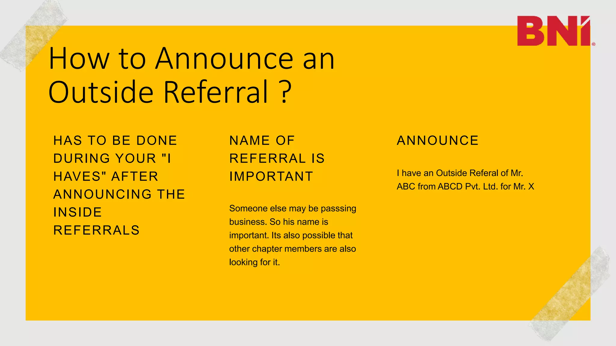 BNI Edu Slot - Types of referrals and how to announce them | PPTX