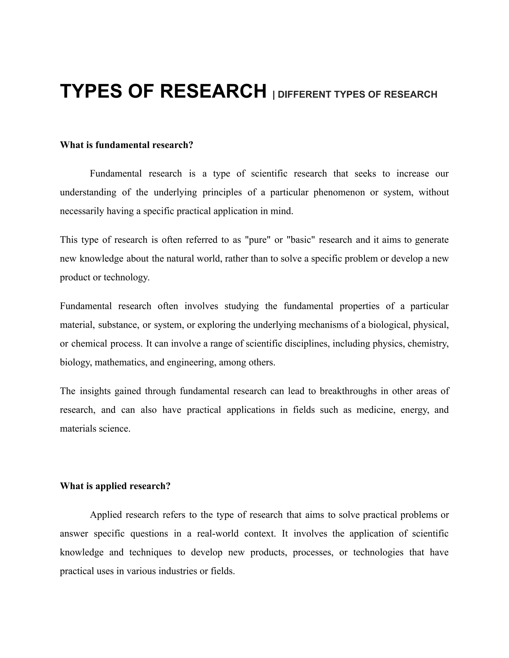 TYPES OF RESEARCH _ DIFFERENT TYPES OF RESEARCH.pdf | Physics | Science