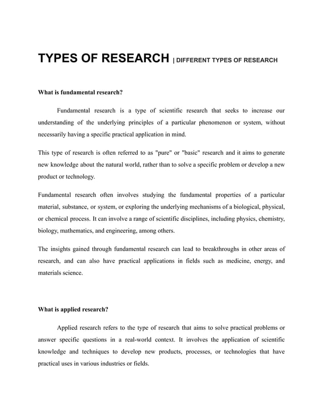 TYPES OF RESEARCH _ DIFFERENT TYPES OF RESEARCH.pdf | Physics | Science