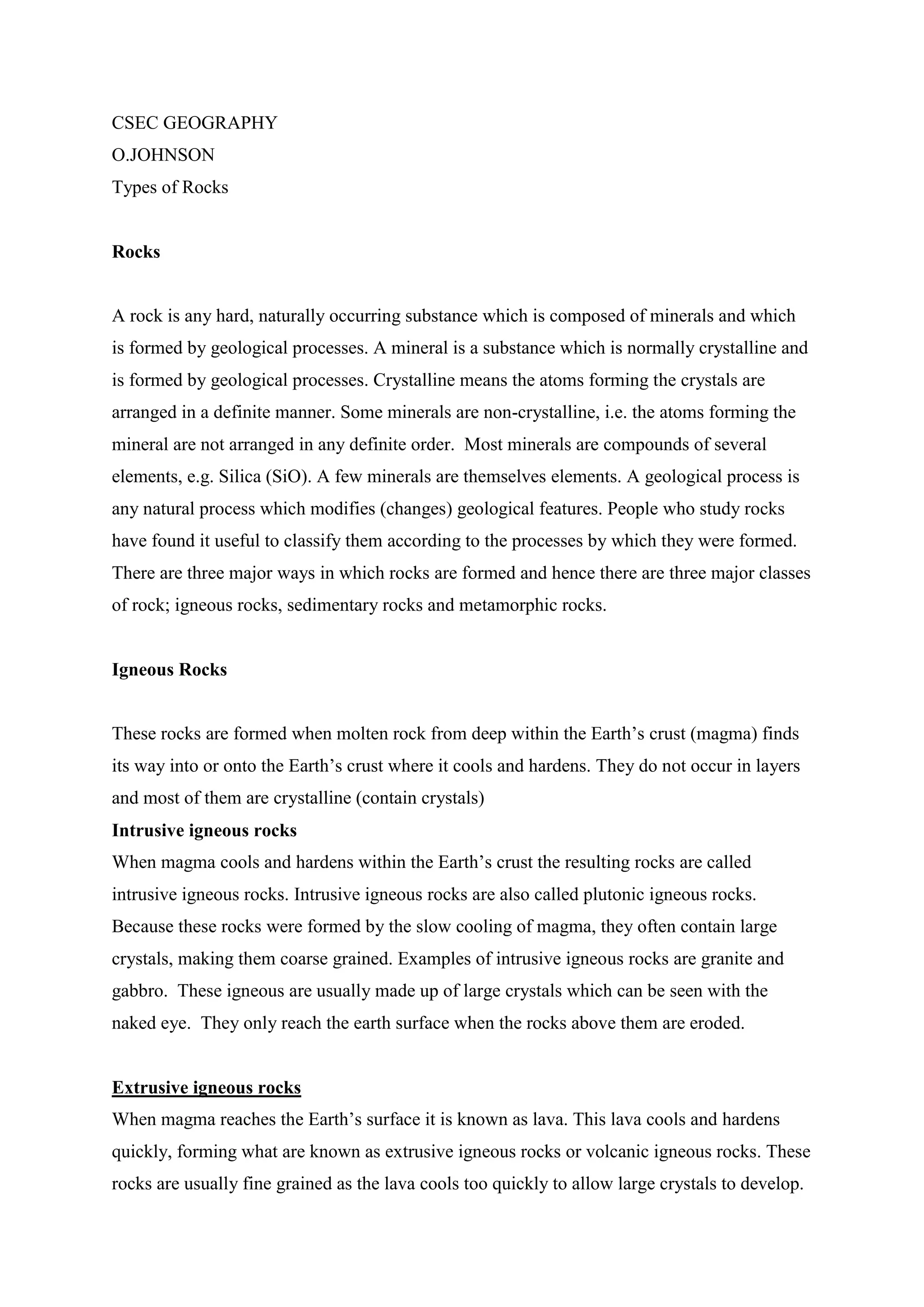 CSEC GEOGRAPHY- Types of rocks | PDF