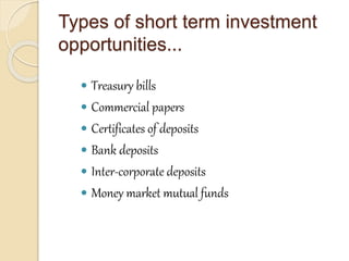 Types of short term investment opportunities | PPTX