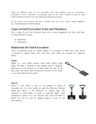 Types of soil excavation tools and machines in construction | PDF