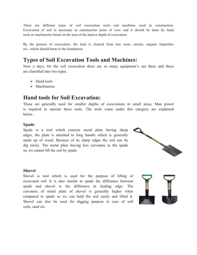 Types of soil excavation tools and machines in construction | PDF