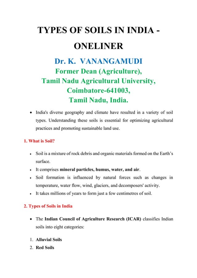 Soil Science: Types of Soils in India - Oneliner.pdf