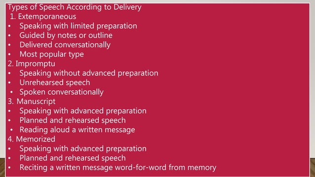 Types of speeches according to delivery | PPTX