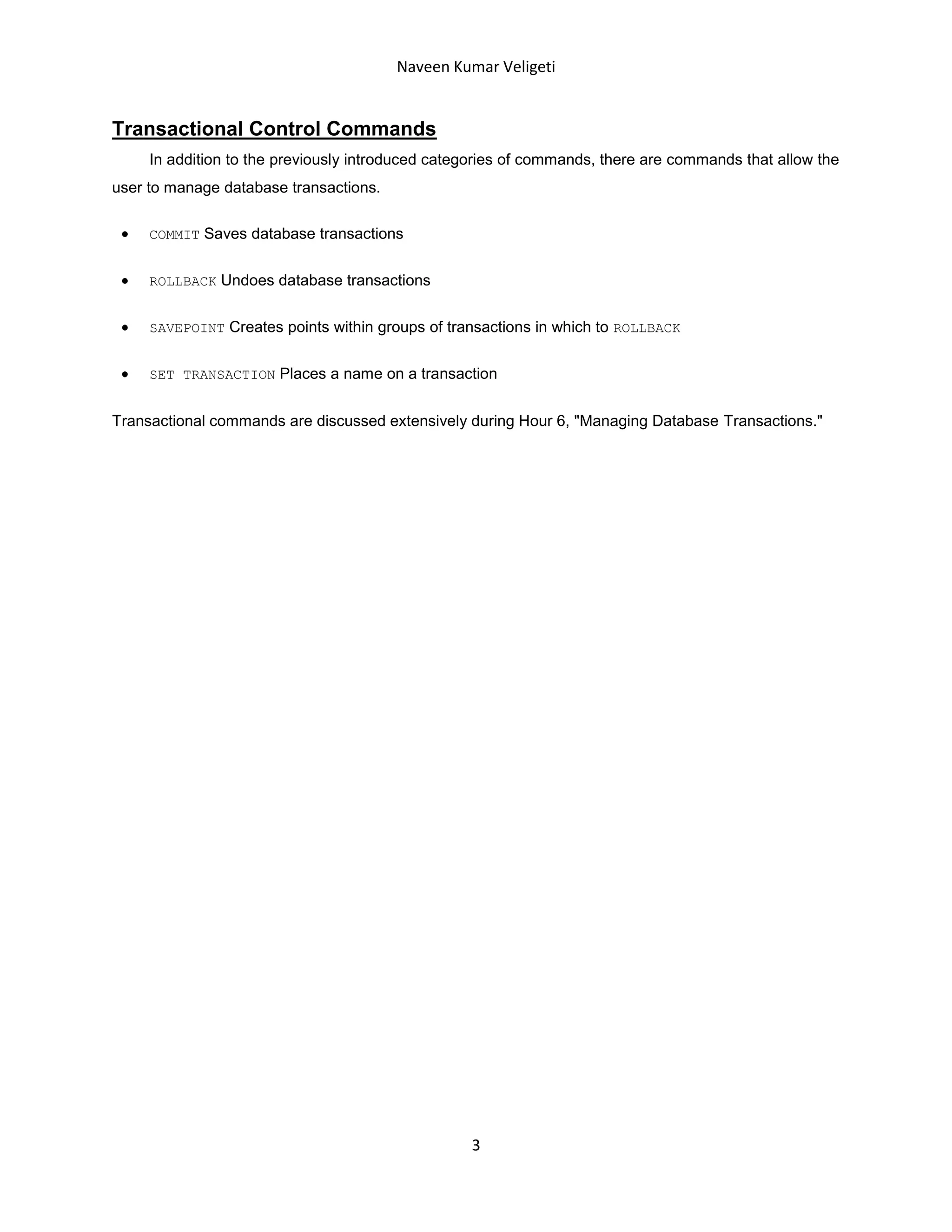 Types of sql commands by naveen kumar veligeti | DOCX | Databases | Computer Software and ...
