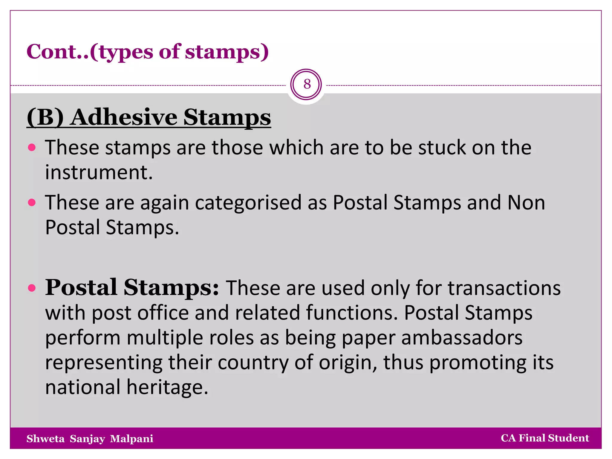 Types of stamps and some concepts of stamp duty | PPTX