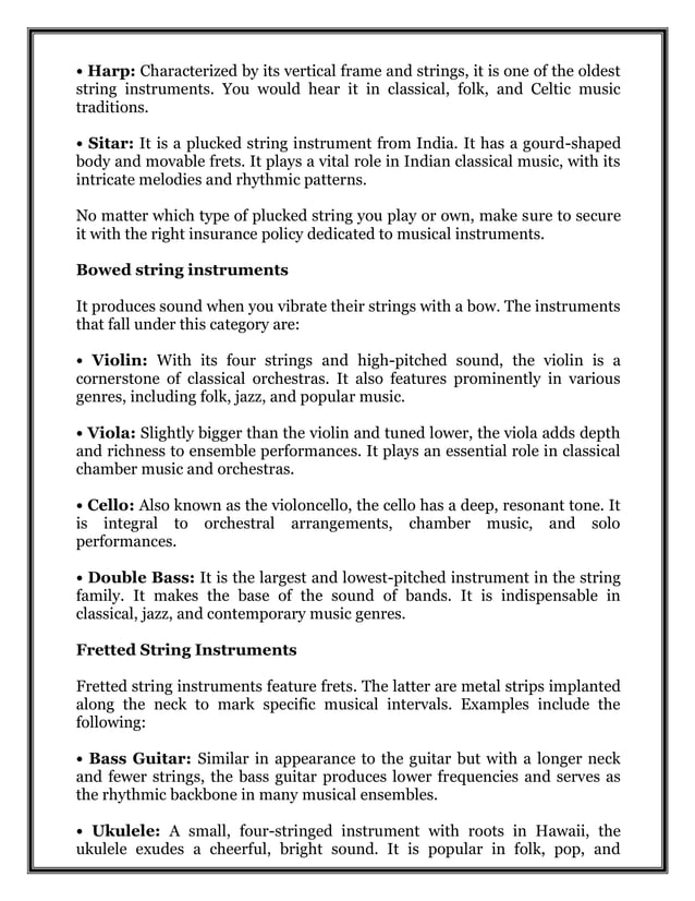 Types of String Musical Instruments and Insurance Plan | PDF