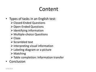 Types of tasks in an english language test | PPTX