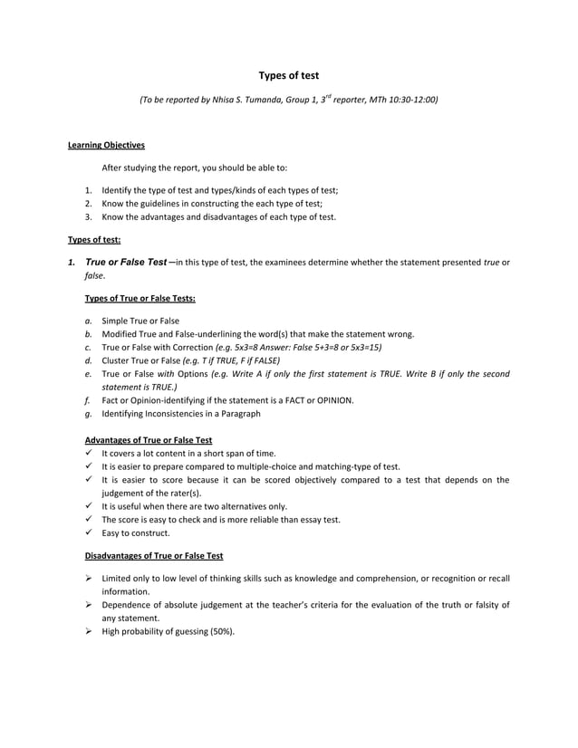 Types of test | DOCX | Standardized Testing | Educational Assessment