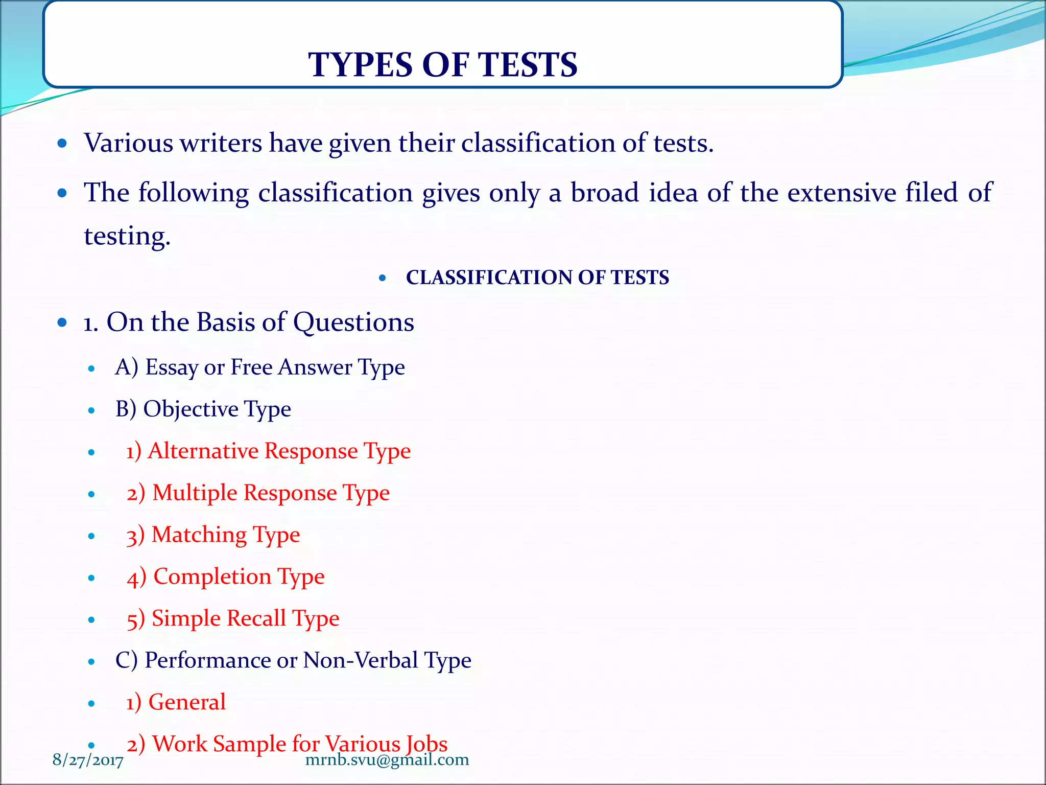 Types of tests in measurement and evaluation | PDF
