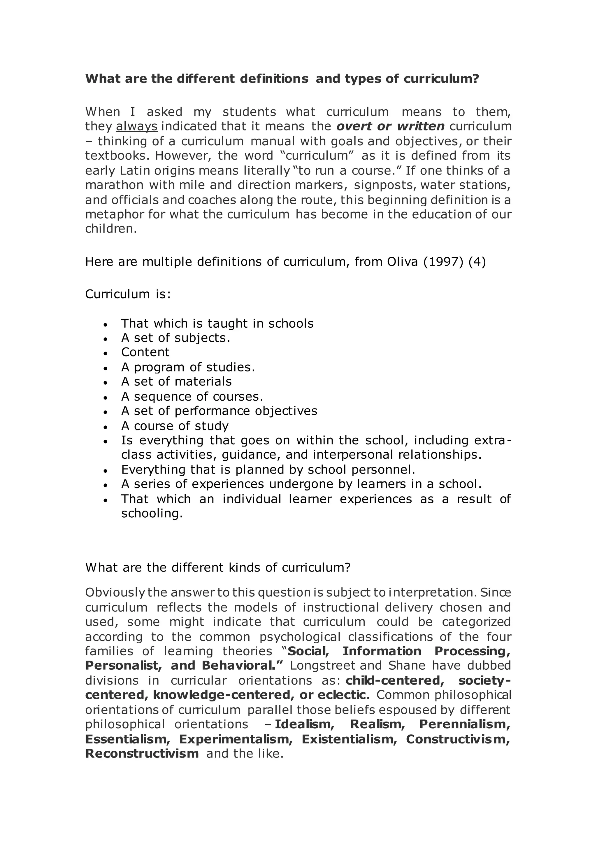 Types of the curriculum | DOCX