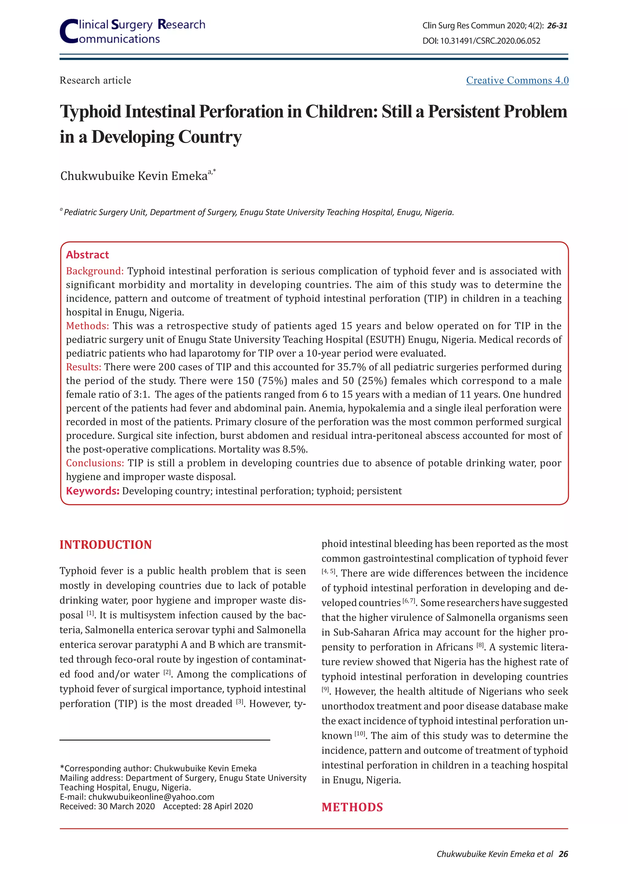 Typhoid intestinal perforation in children still a persistent problem ...