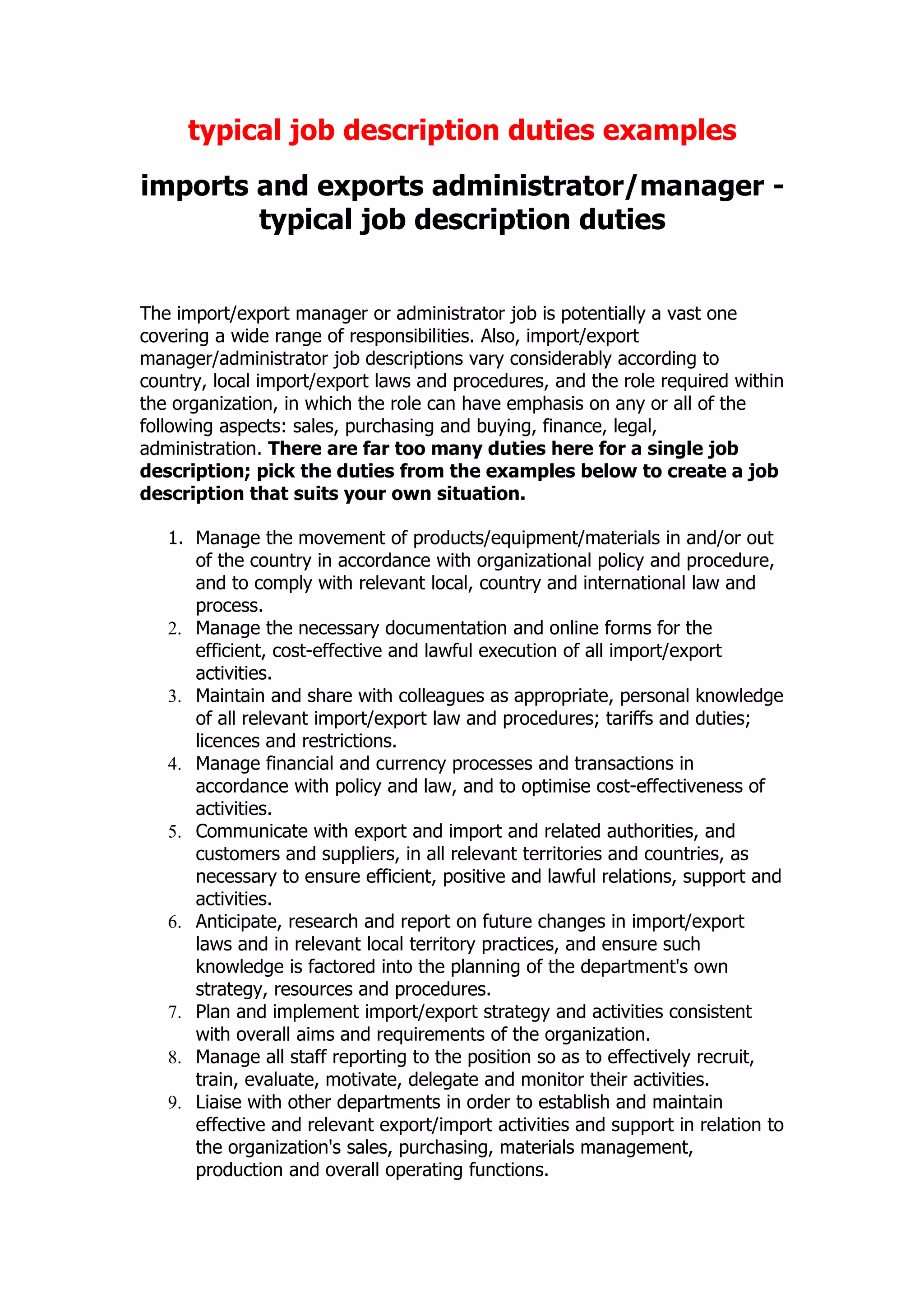Typical job description import export manager | DOC