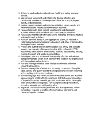 Typical job description import export manager | DOC