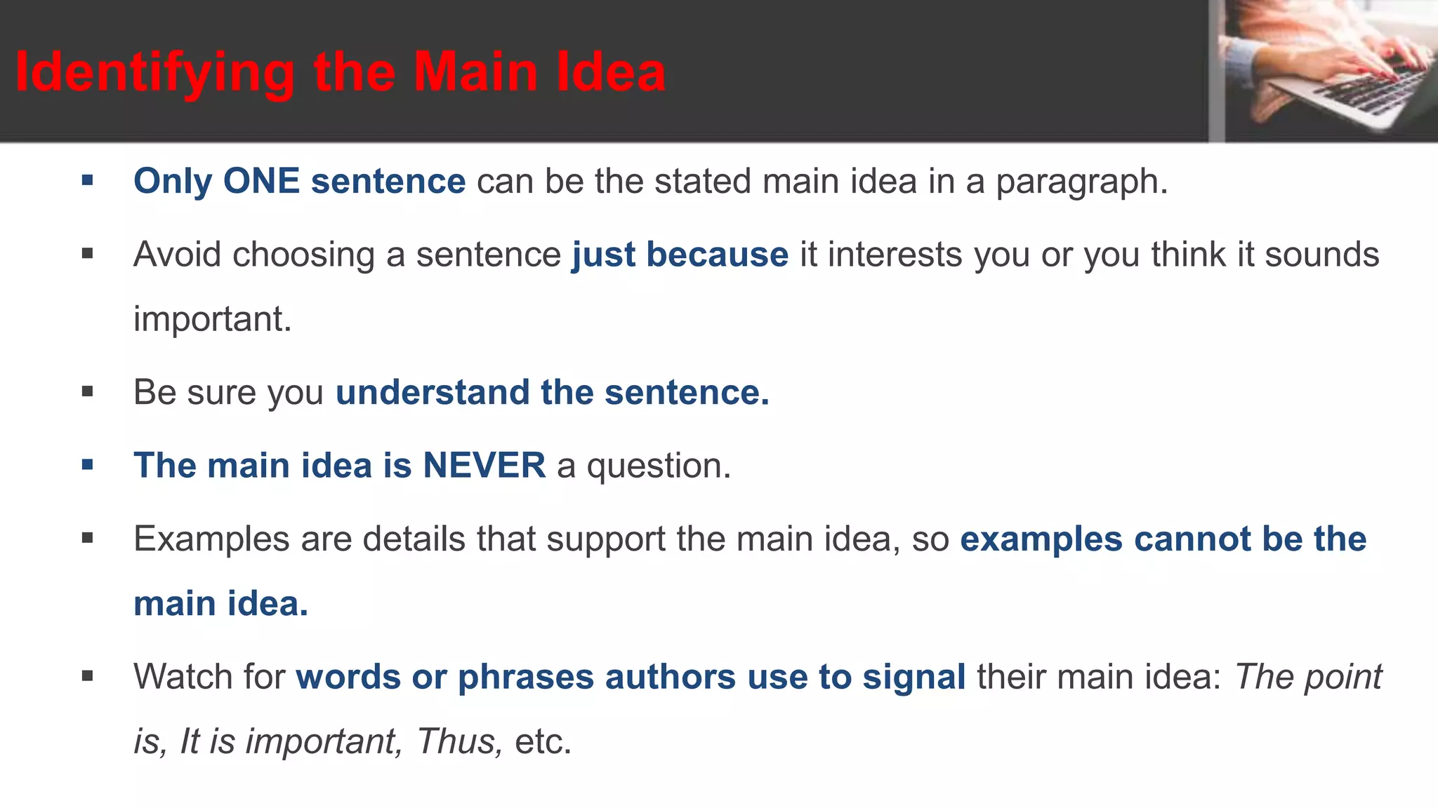 Identifying the Main Idea. with examples | PPTX