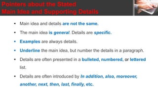 Identifying the Main Idea. with examples | PPT