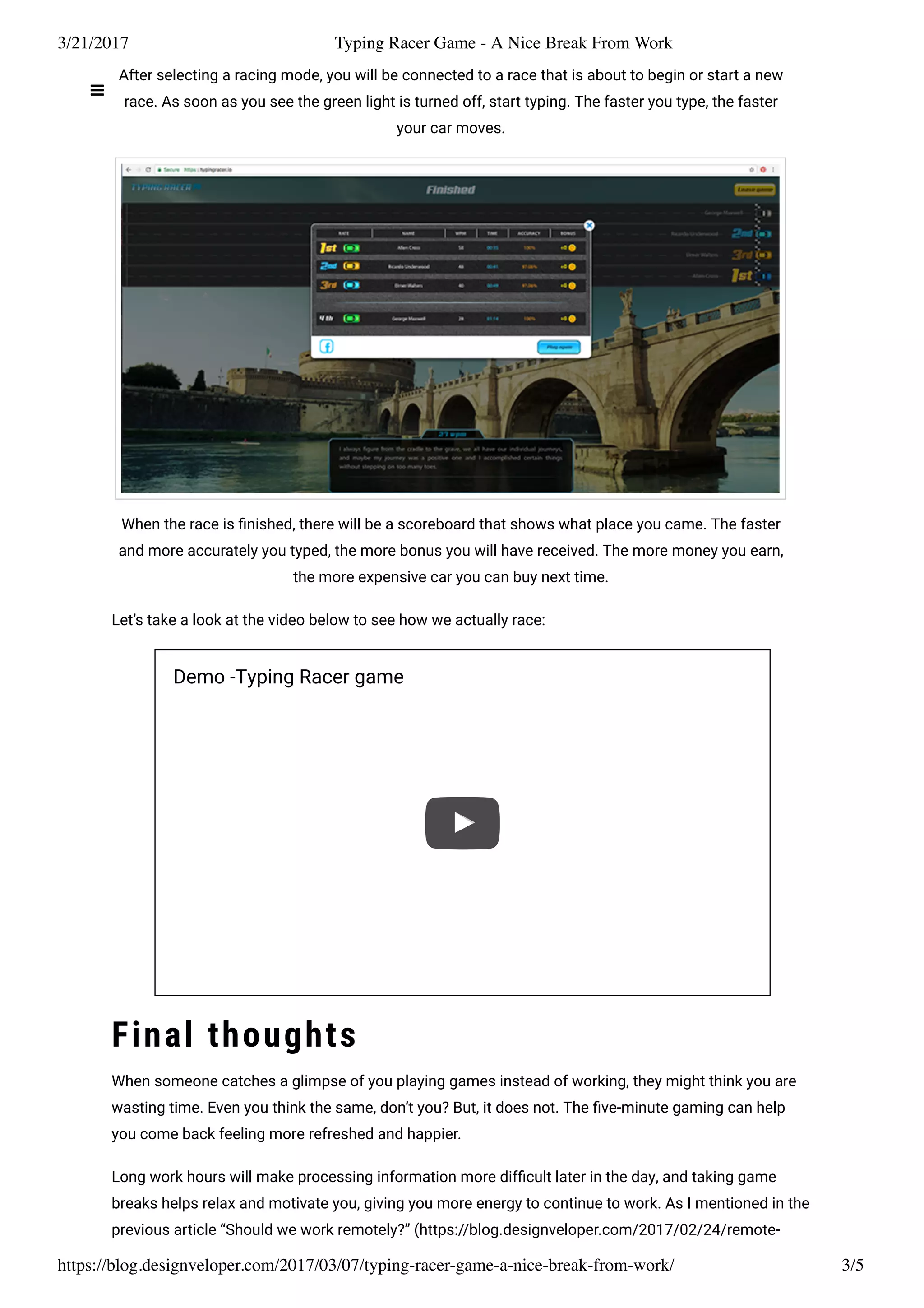 Typing racer game - a nice break from work | PDF