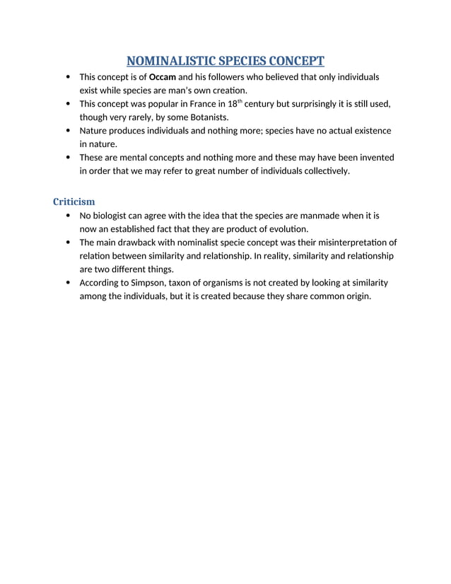 Typological Species Concept - NOMINALISTIC SPECIES CONCEPT.docx