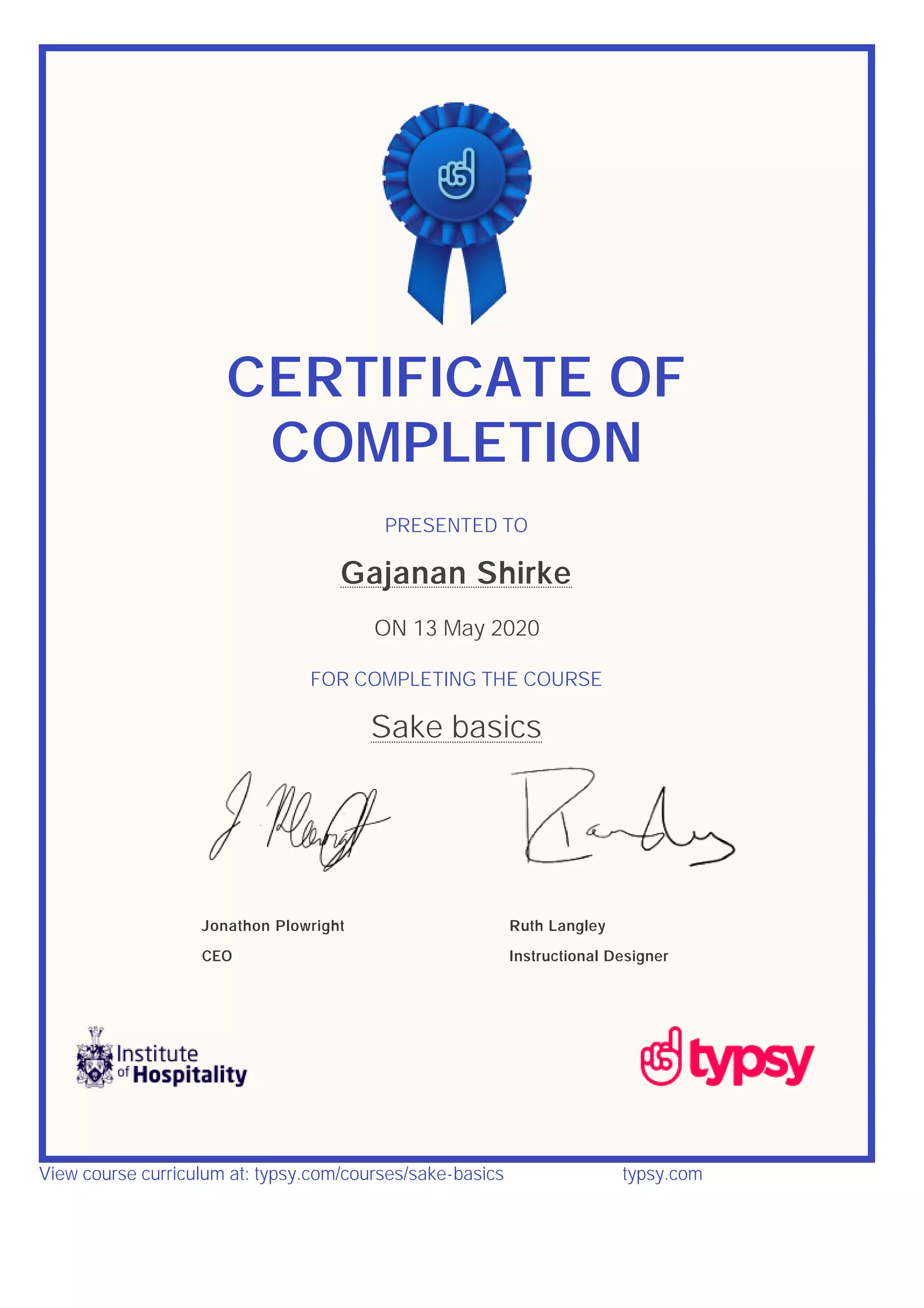 Typsy Certificate - Gajanan Shirke - Sake basics.pdf