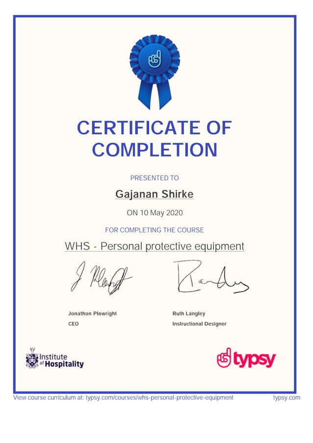Typsy Certificate - Gajanan Shirke - WHS - Personal protective ...