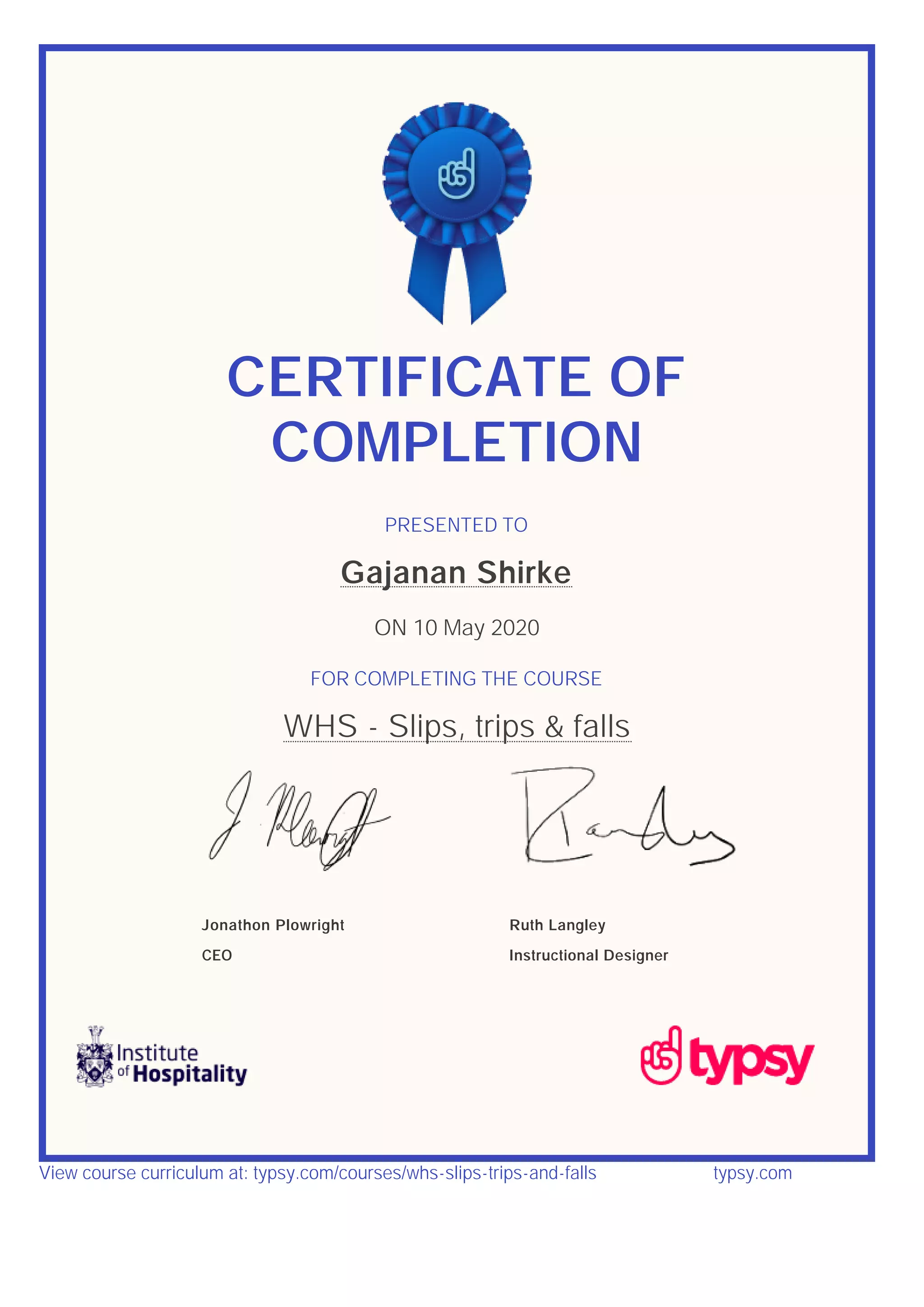 Typsy Certificate - Gajanan Shirke - WHS - Slips trips and falls.pdf