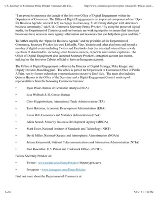 U.S. Secretary of Commerce penny pritzker announces the creation of ...