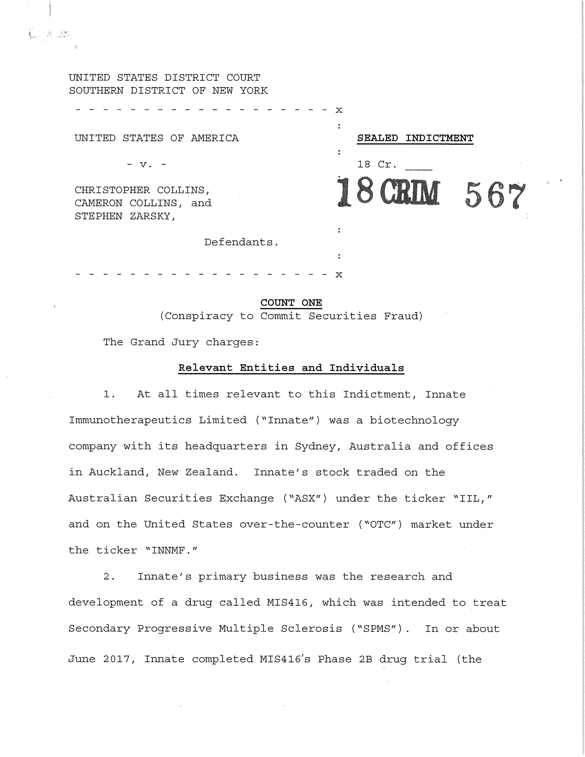 U.s. v. christopher collins et al indictment 18 cr 567 | PDF