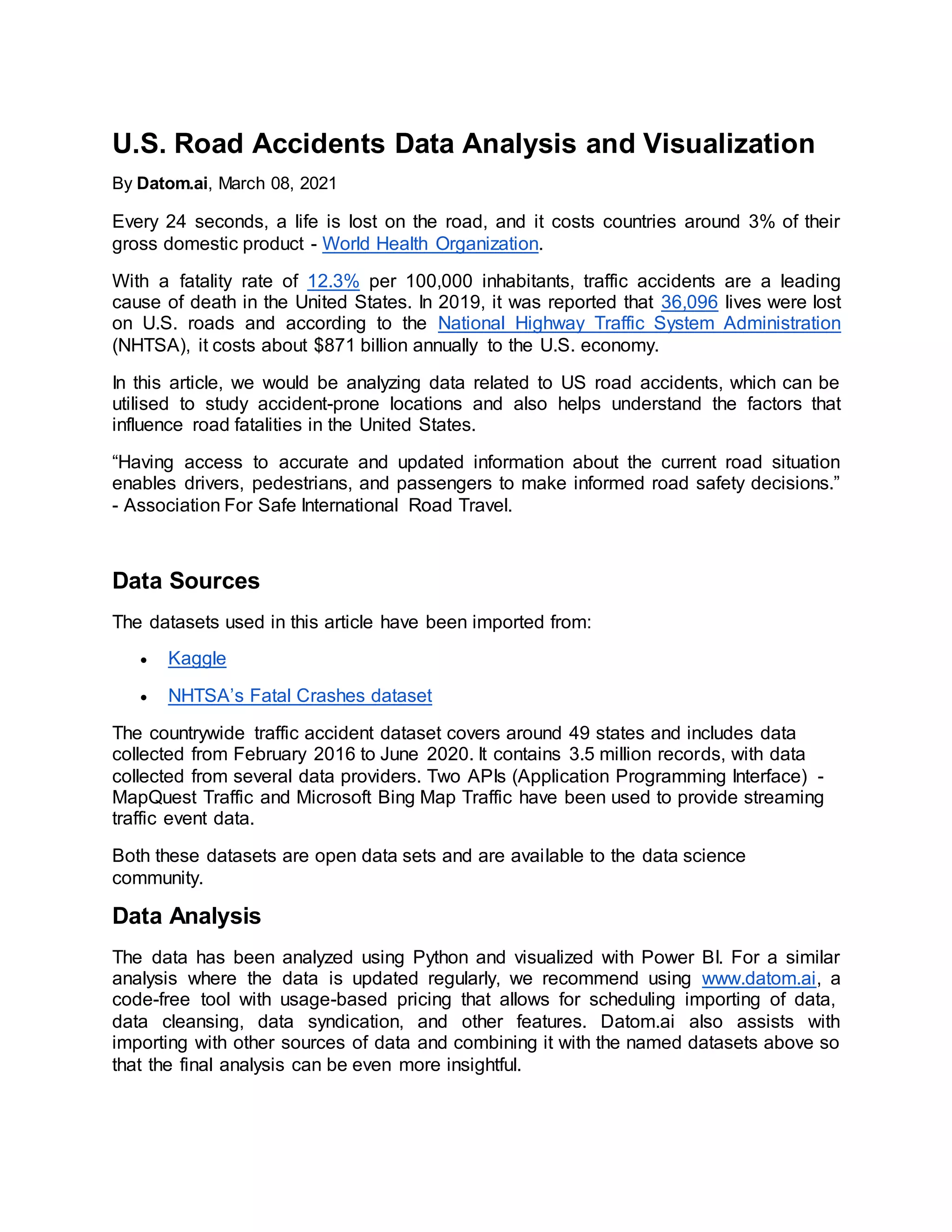 U.S. Road Accidents Data Analysis and Visualization | DOCX