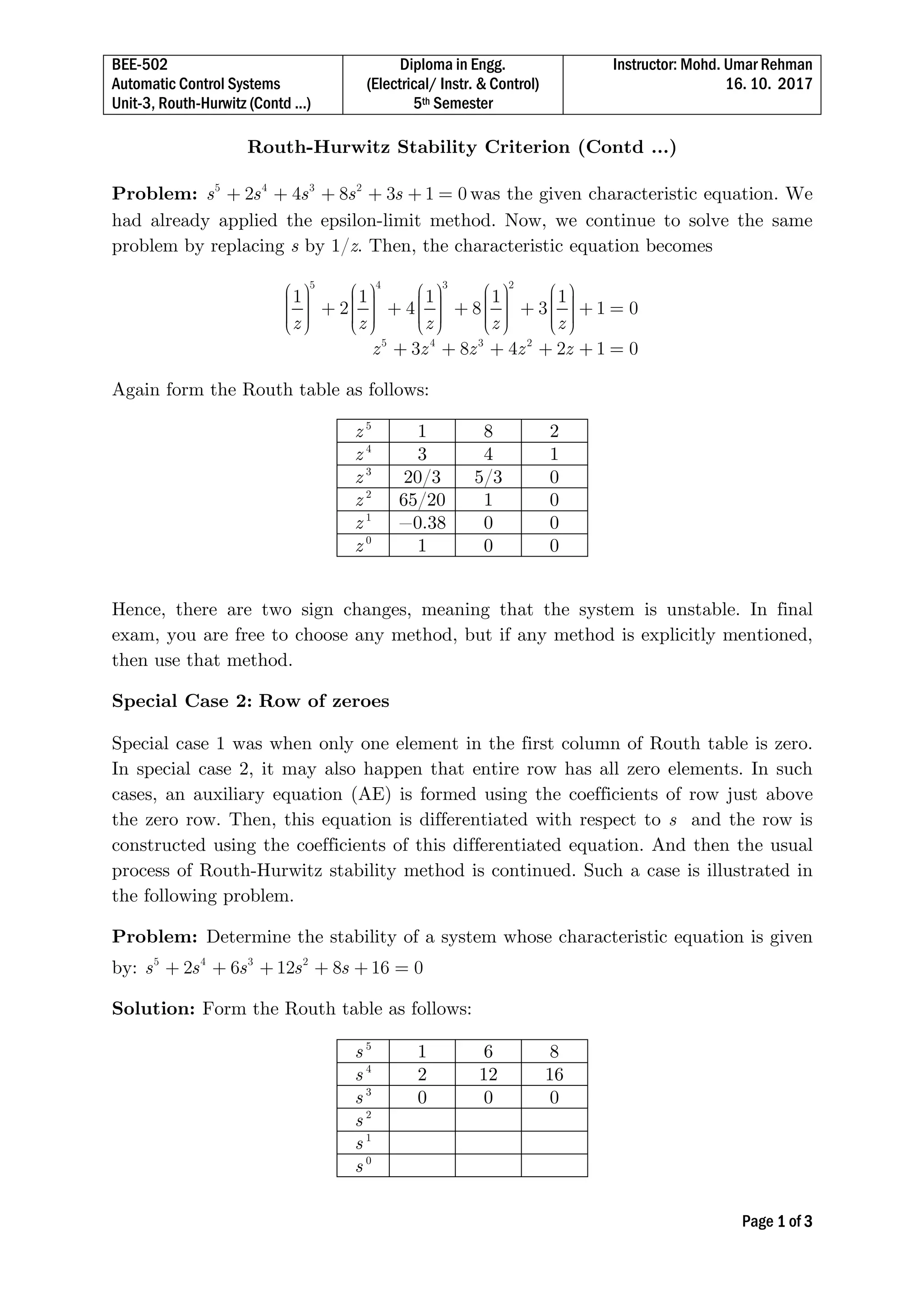 Routh Hurwitz contd | PDF