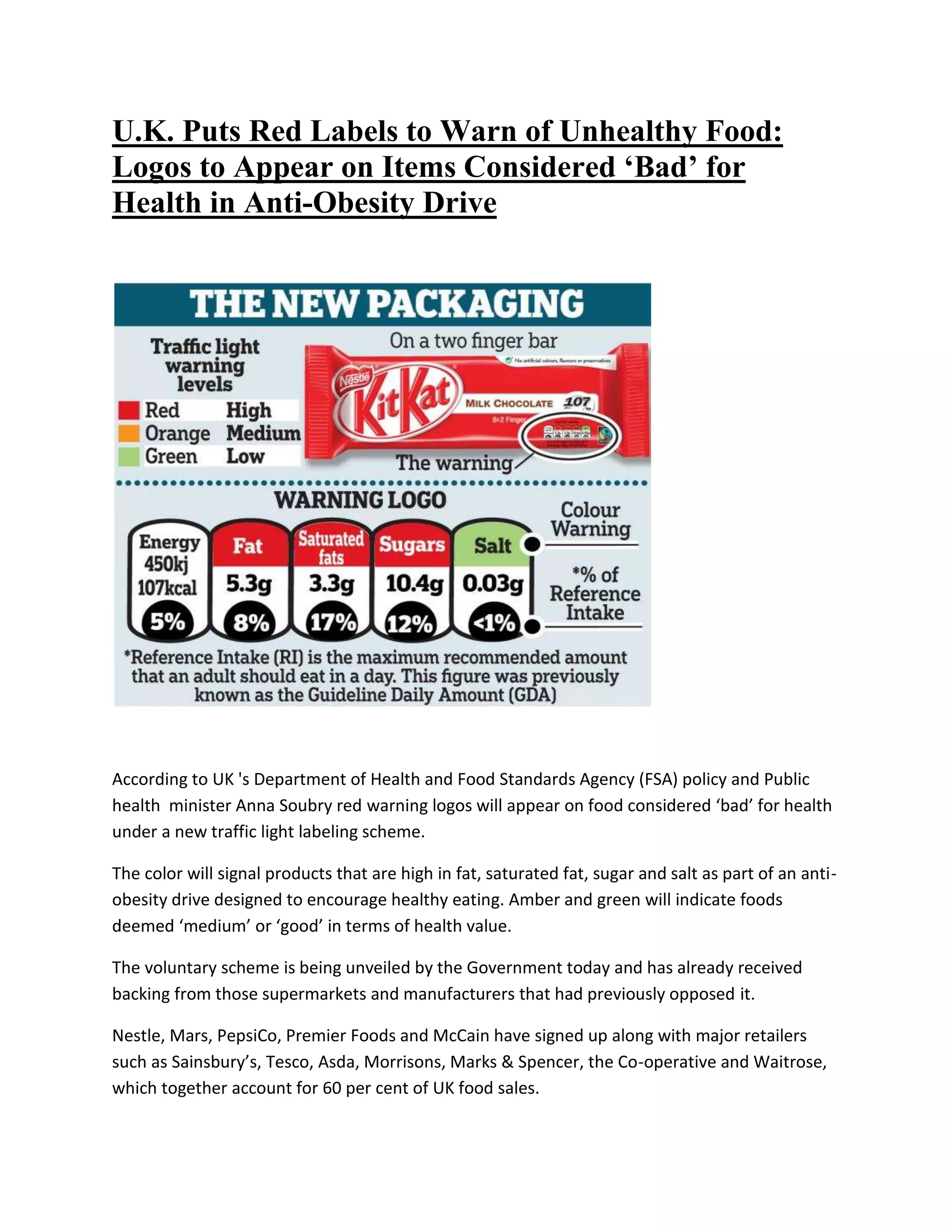 U.k. puts red labels to warn of unhealthy food logos to appear on items ...