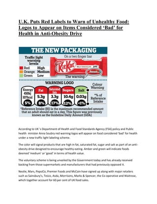U.k. puts red labels to warn of unhealthy food logos to appear on items ...