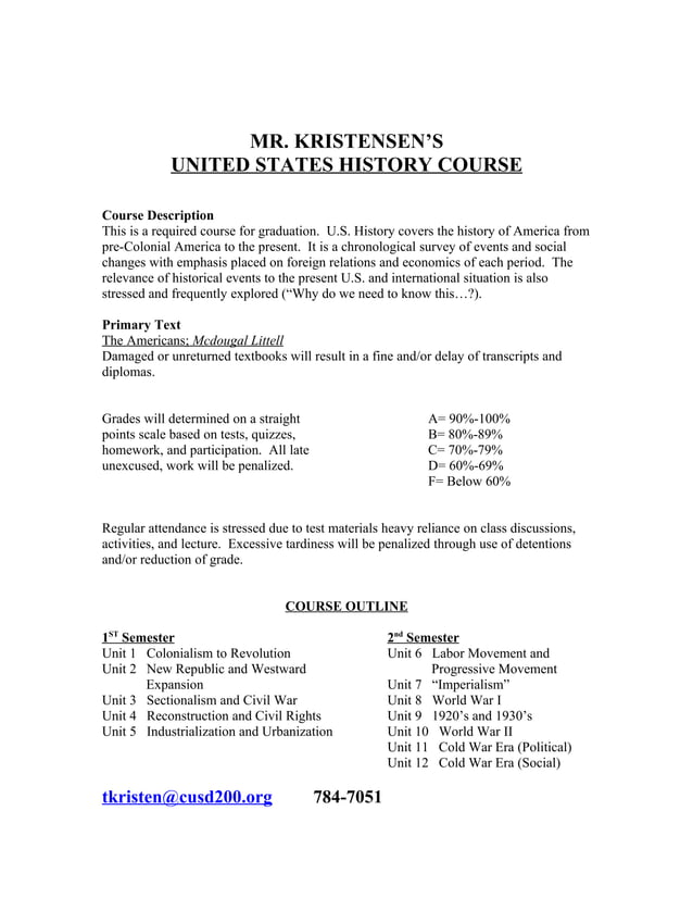 U.S. History Syllabus | PDF