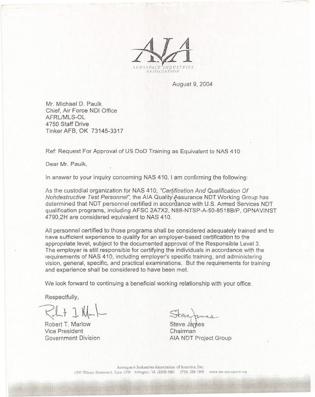 U.S. Department of Defense NDI Equivalency Letter, U.S. Navy ...