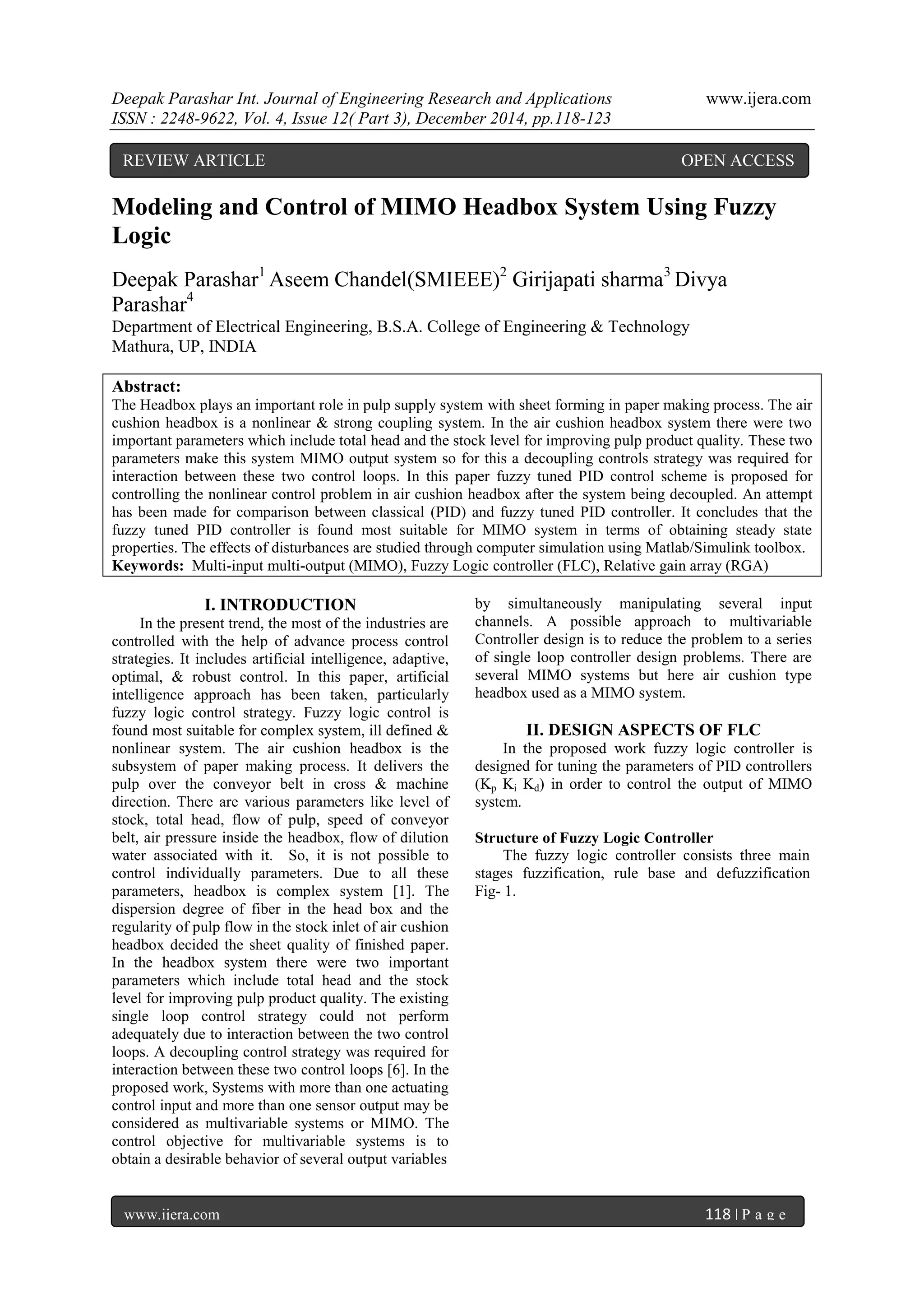 Modeling and Control of MIMO Headbox System Using Fuzzy Logic | PDF