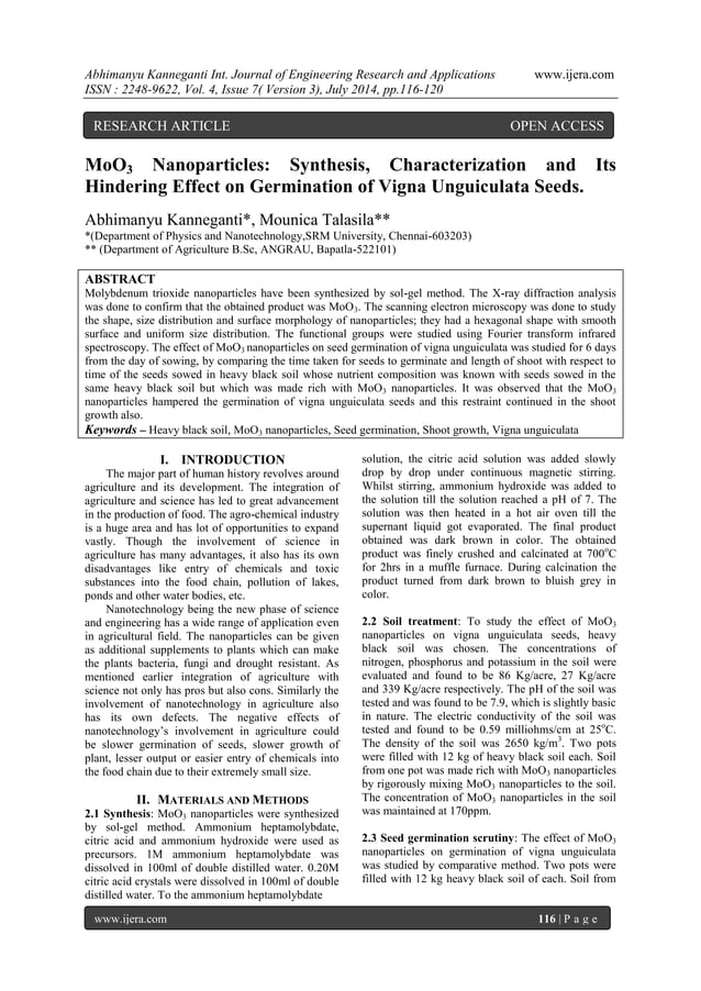 Moo3 Nanoparticles Synthesis Characterization And Its Hindering Effect On Germination Of Vigna