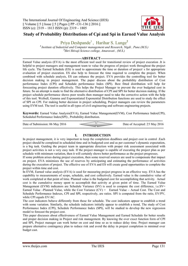 Study of Probability Distributions of Cpi and Spi in Earned Value Analysis | PDF