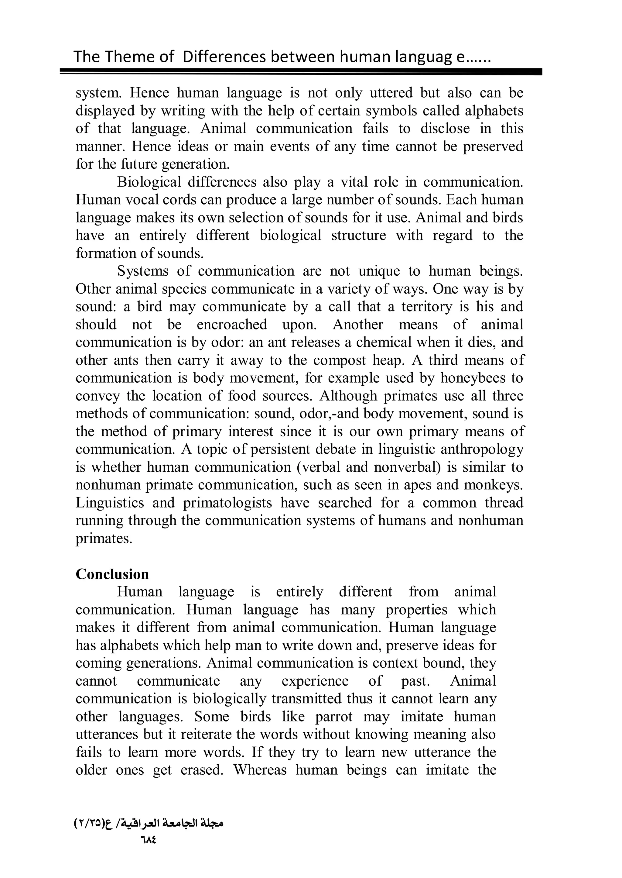 The theme of diffeences between human language and animal communication ...