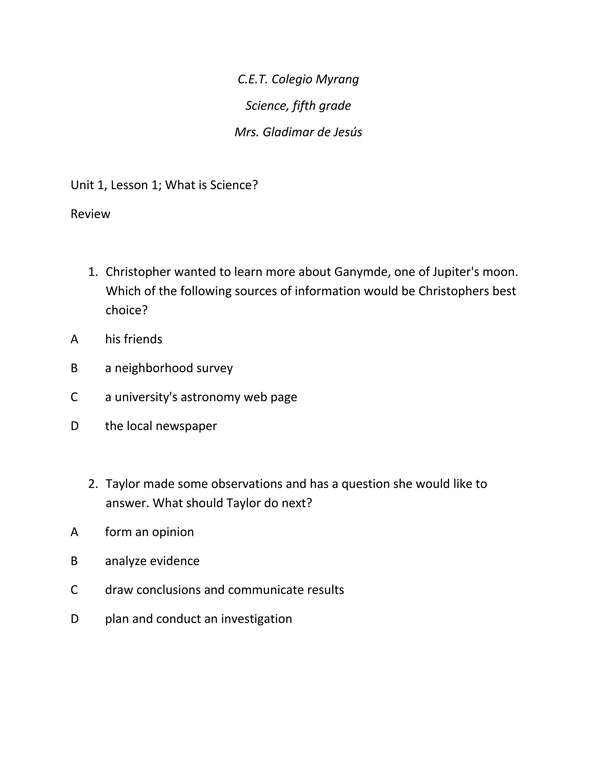 U 1 lesson 1: What is science? review | DOC