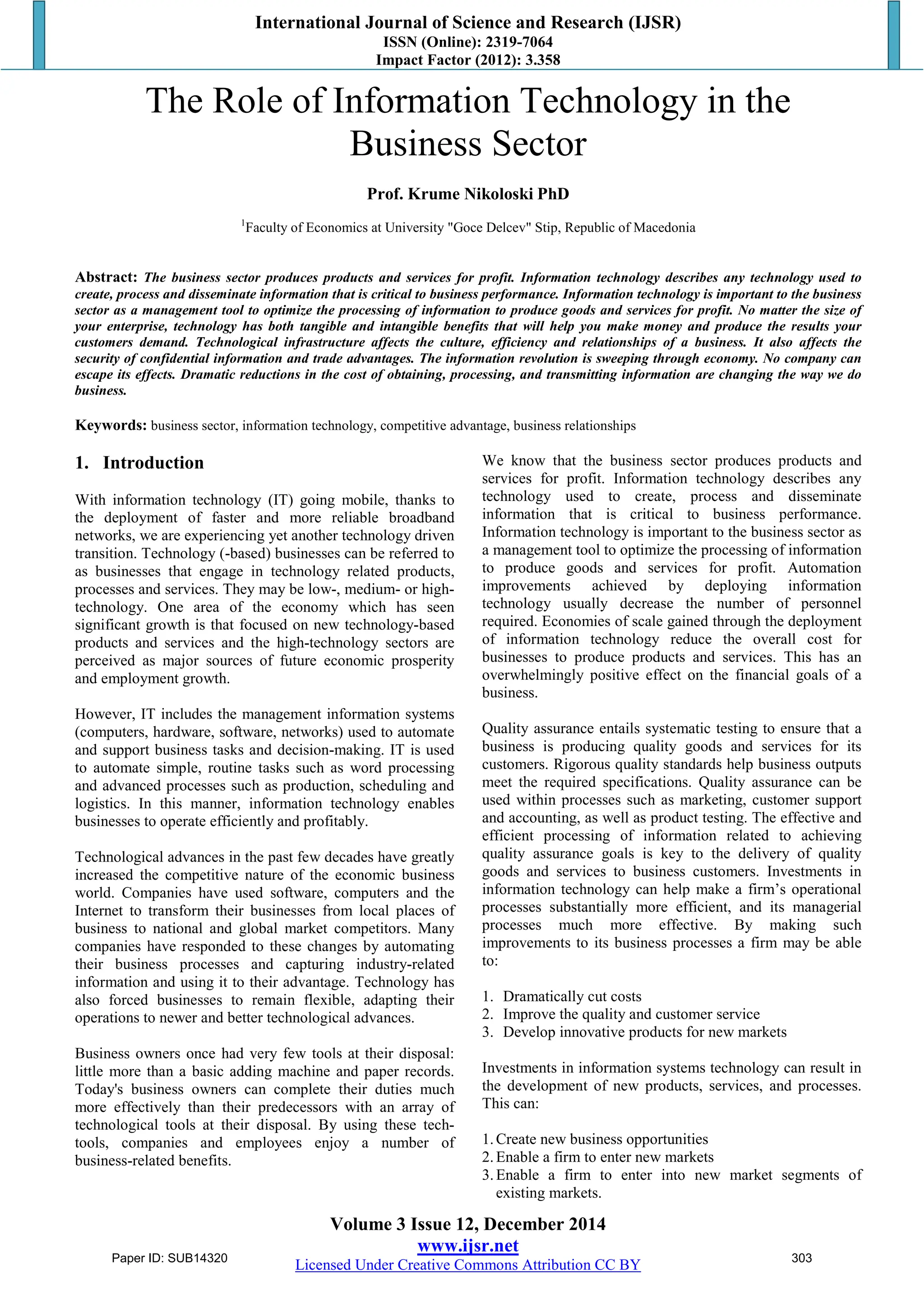 The Role of Information Technology in the Business Sector | PDF