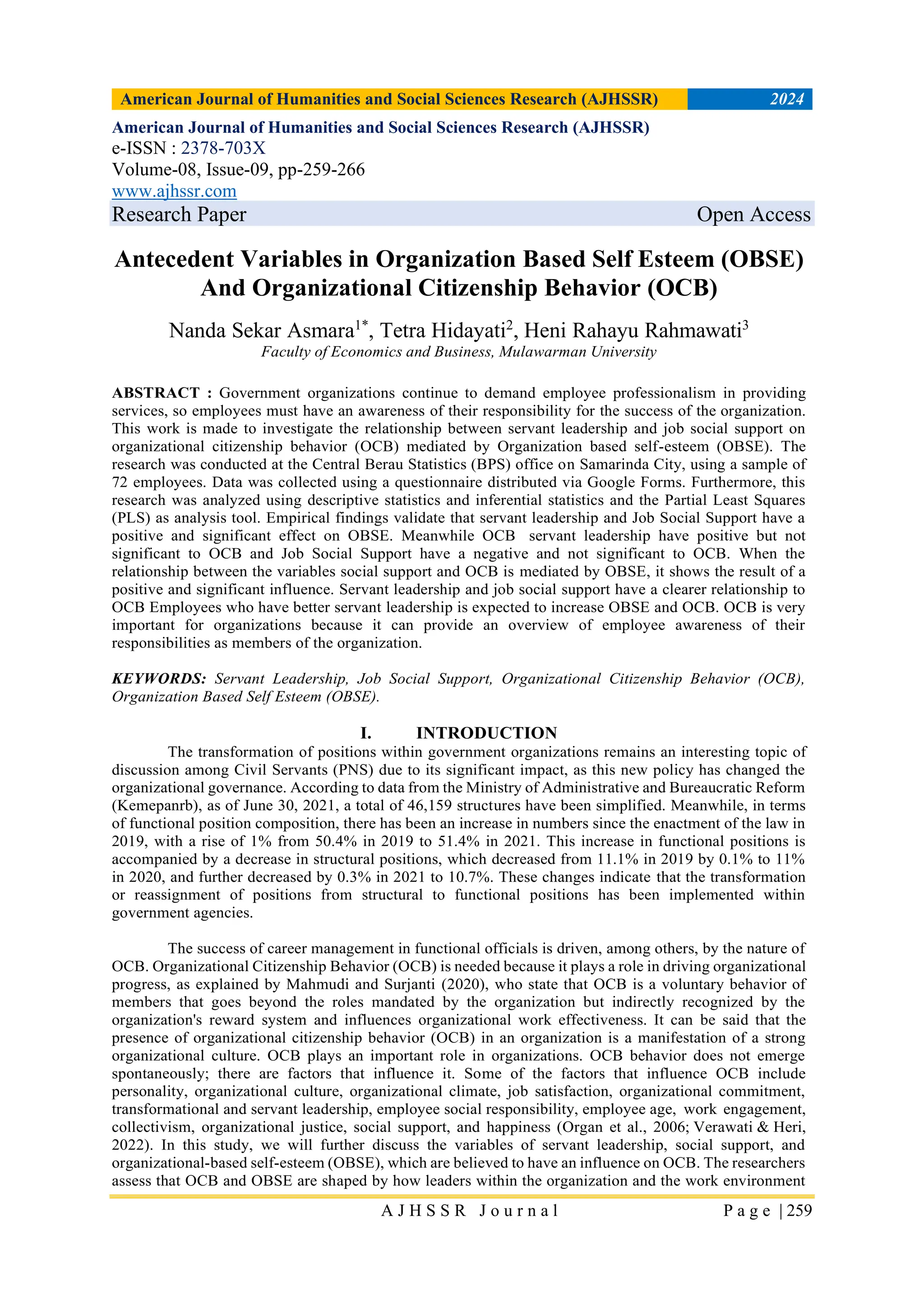 Antecedent Variables in Organization Based Self Esteem (OBSE) And ...