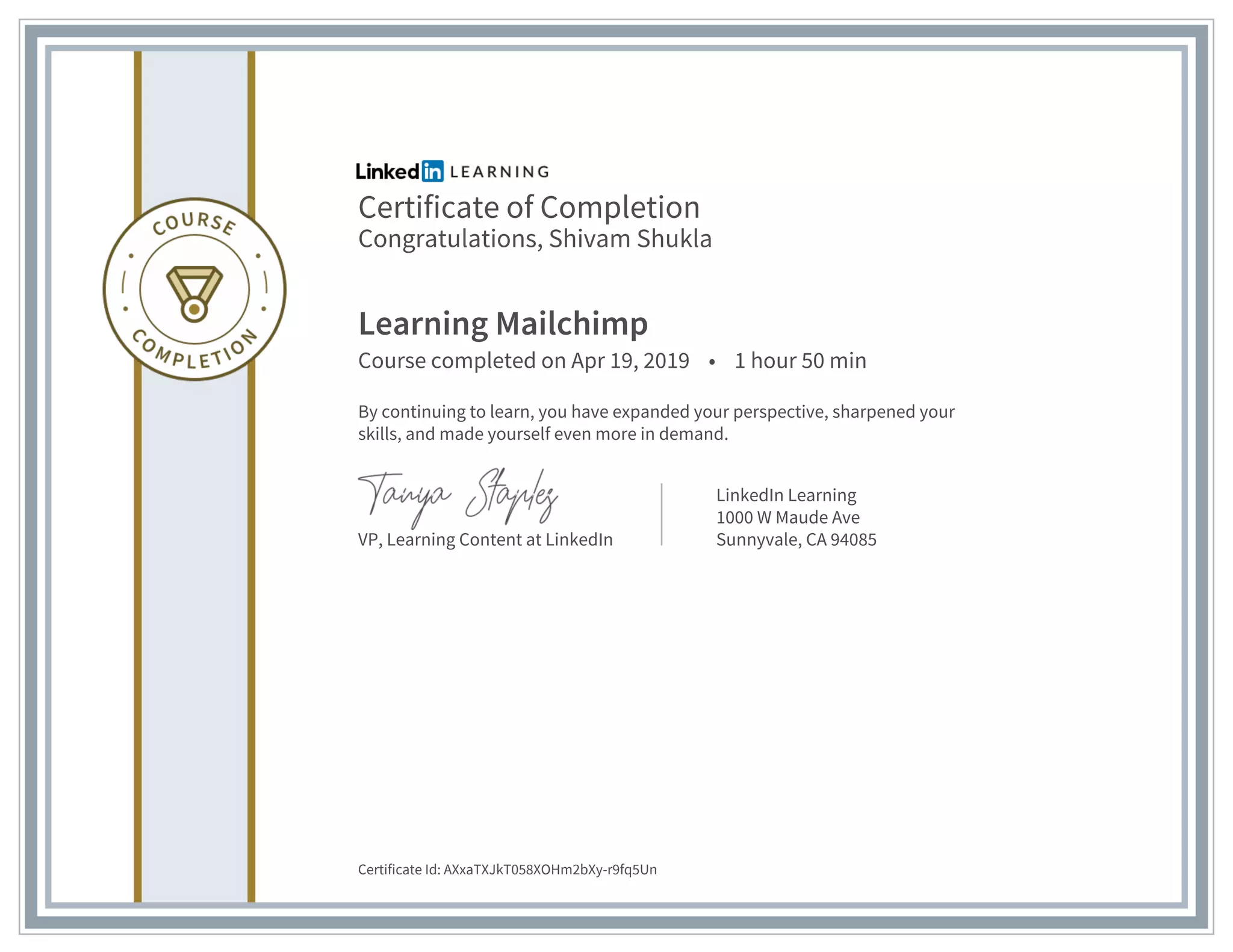 Certificate of completion of learning mailchimp | PPT