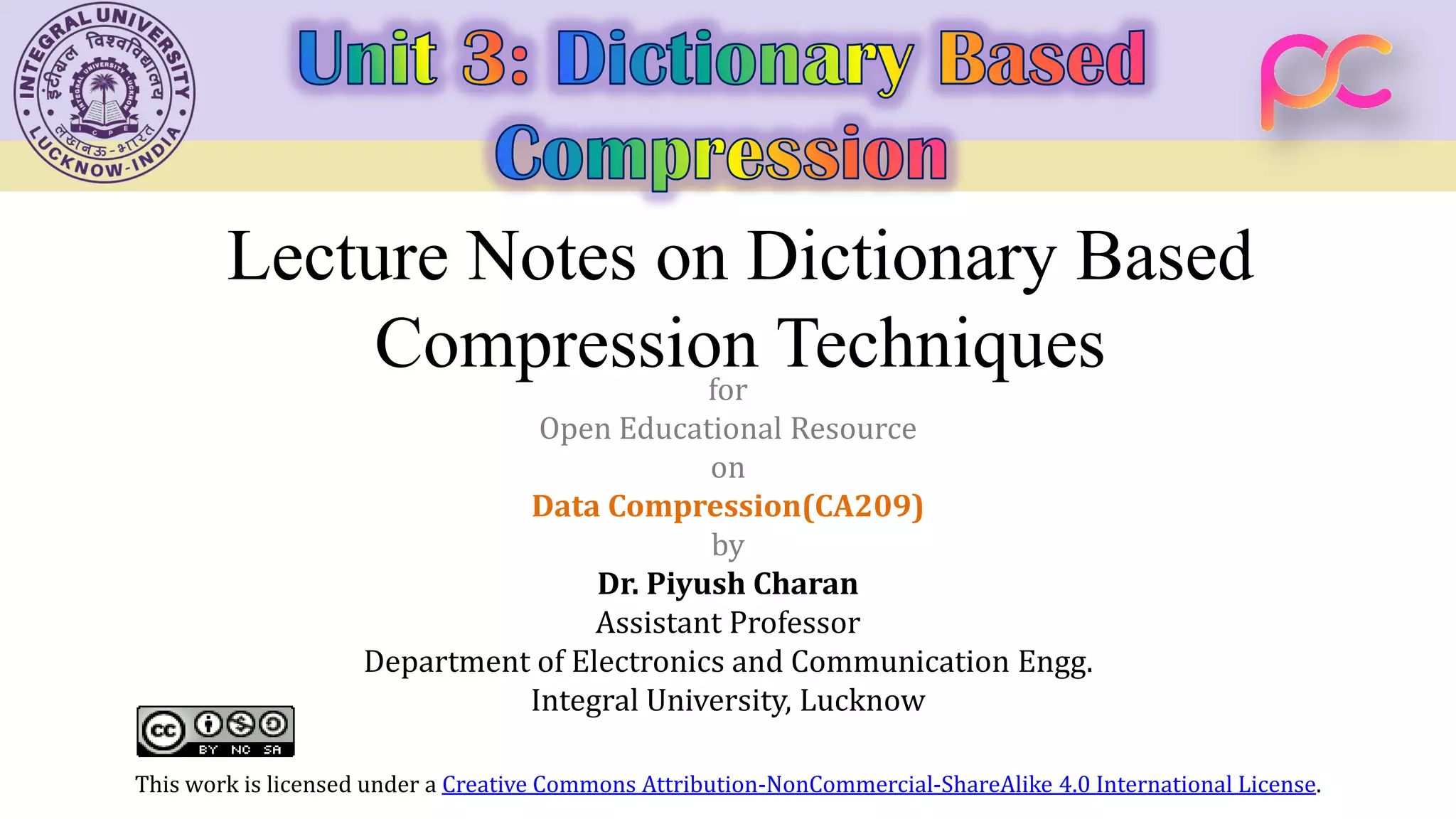 Unit 3 Dictionary Based Compression Techniques Ppt