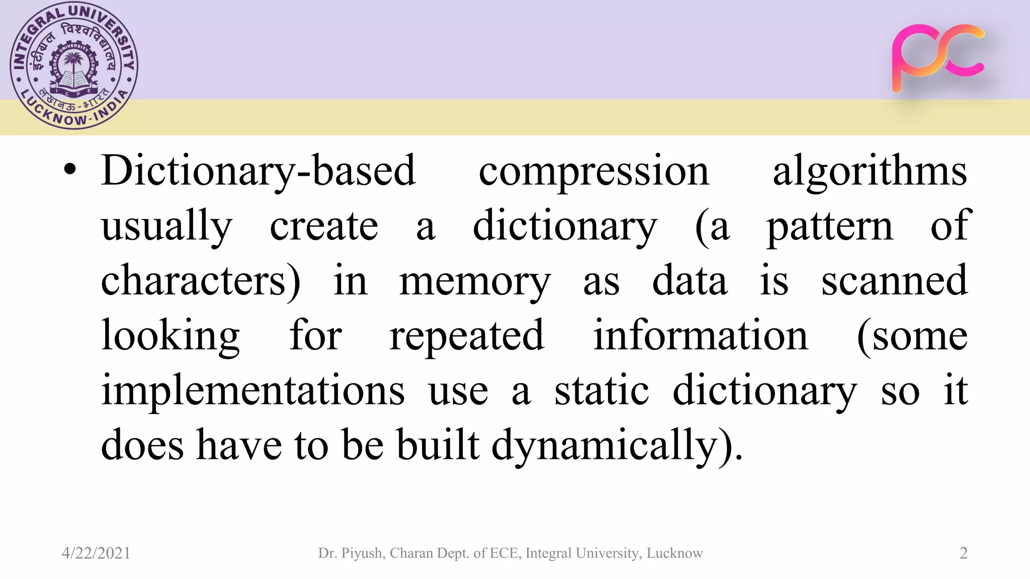Unit 3 Dictionary Based Compression Techniques Ppt