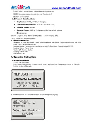 U381 live data scanner auto code reader obd2 user manual | PDF