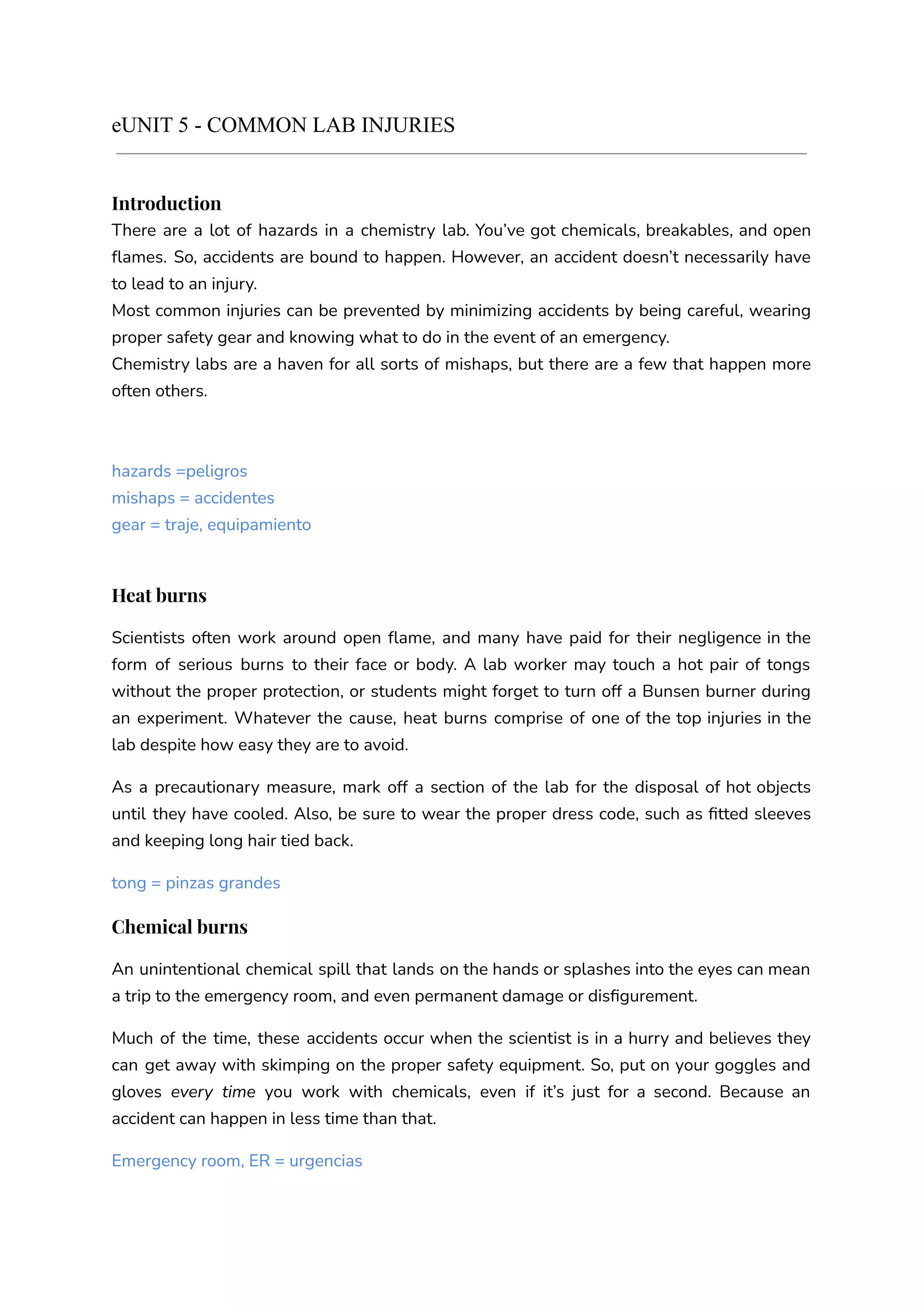 Unit 5 - Common lab injuries | PDF