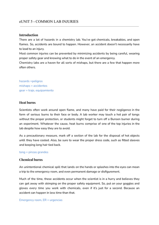Unit 5 - Common lab injuries | PDF