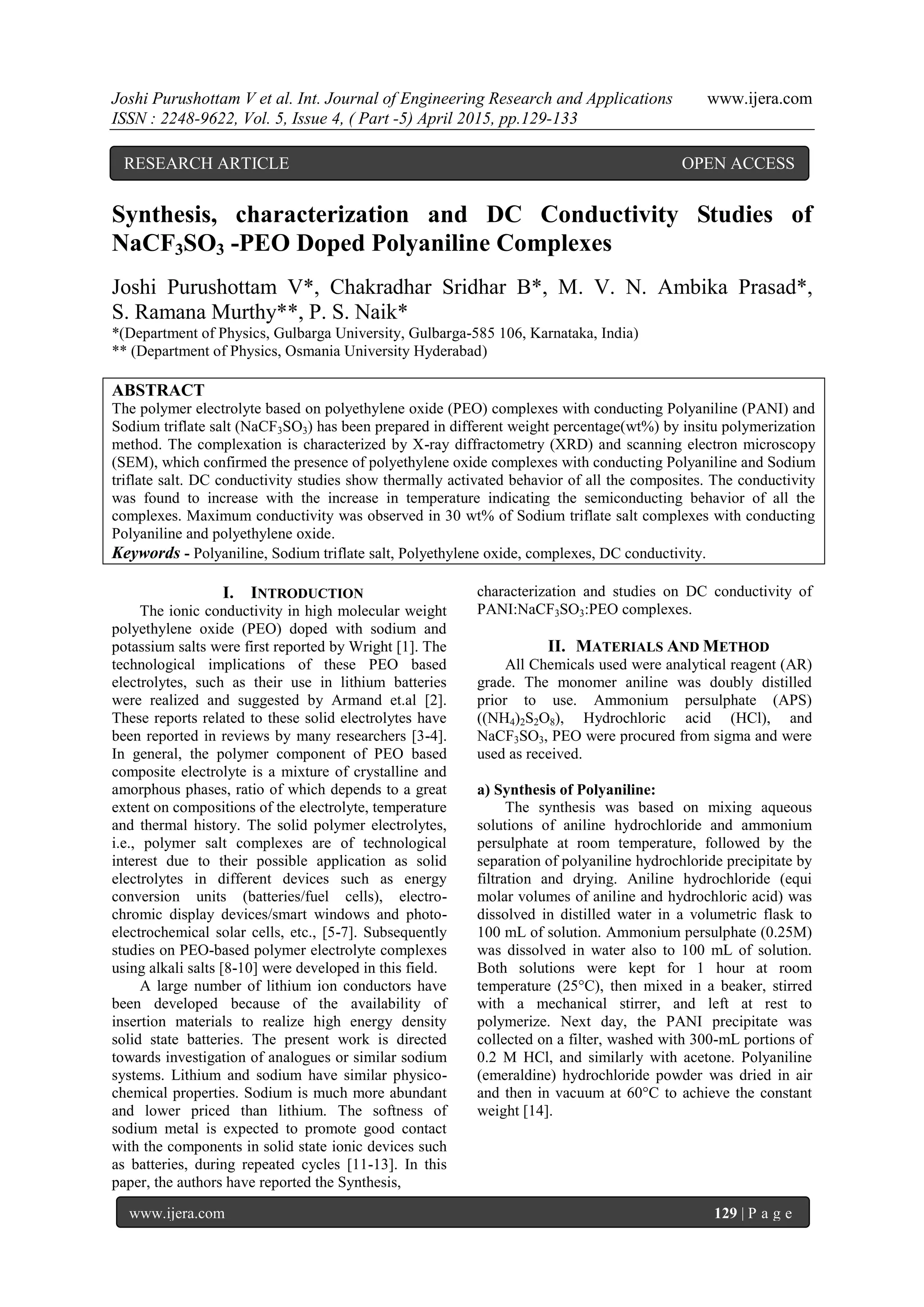 Synthesis, characterization and DC Conductivity Studies of NaCF3SO3 ...