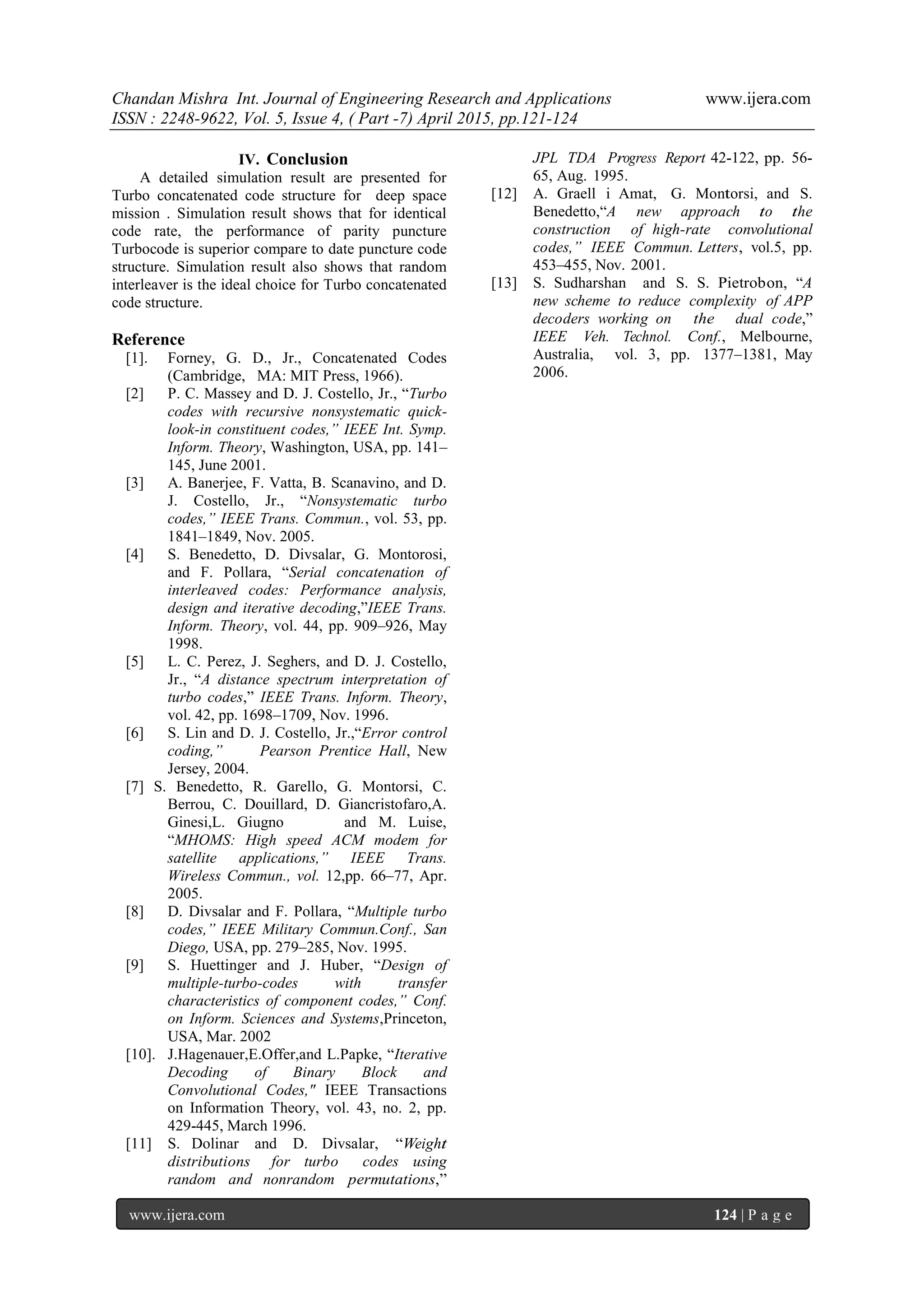 Simulation of Turbo Convolutional Codes for Deep Space Mission | PDF